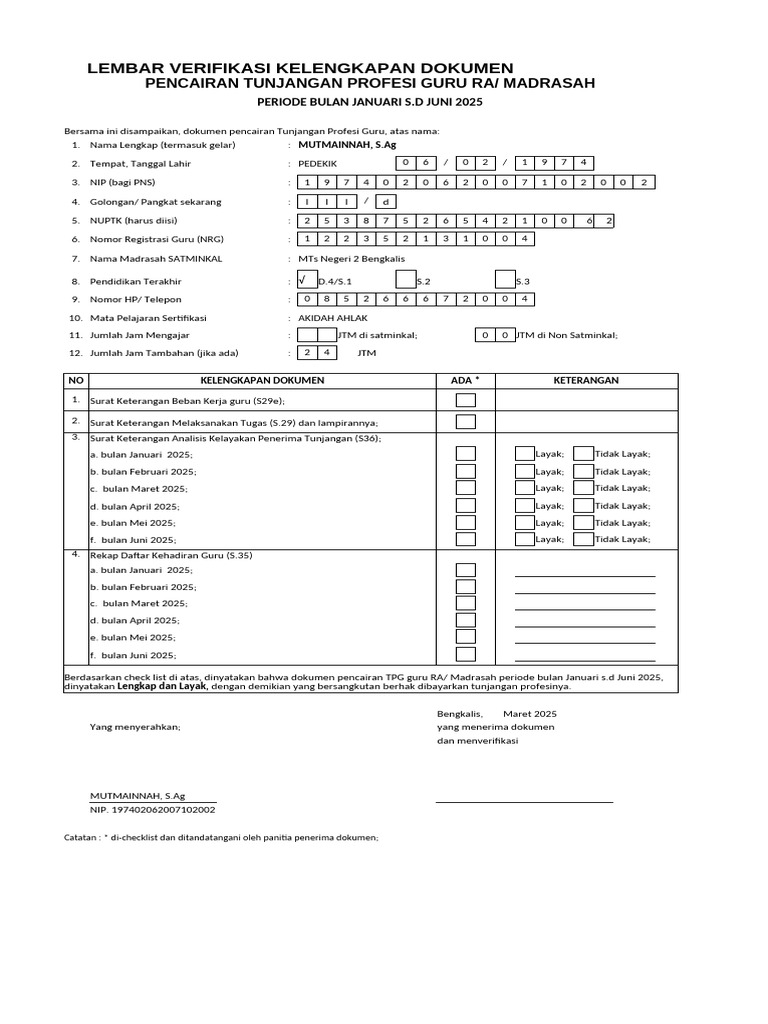 LEMBAR VERIFIKASI TPG Jan - Juni 2024 | PDF