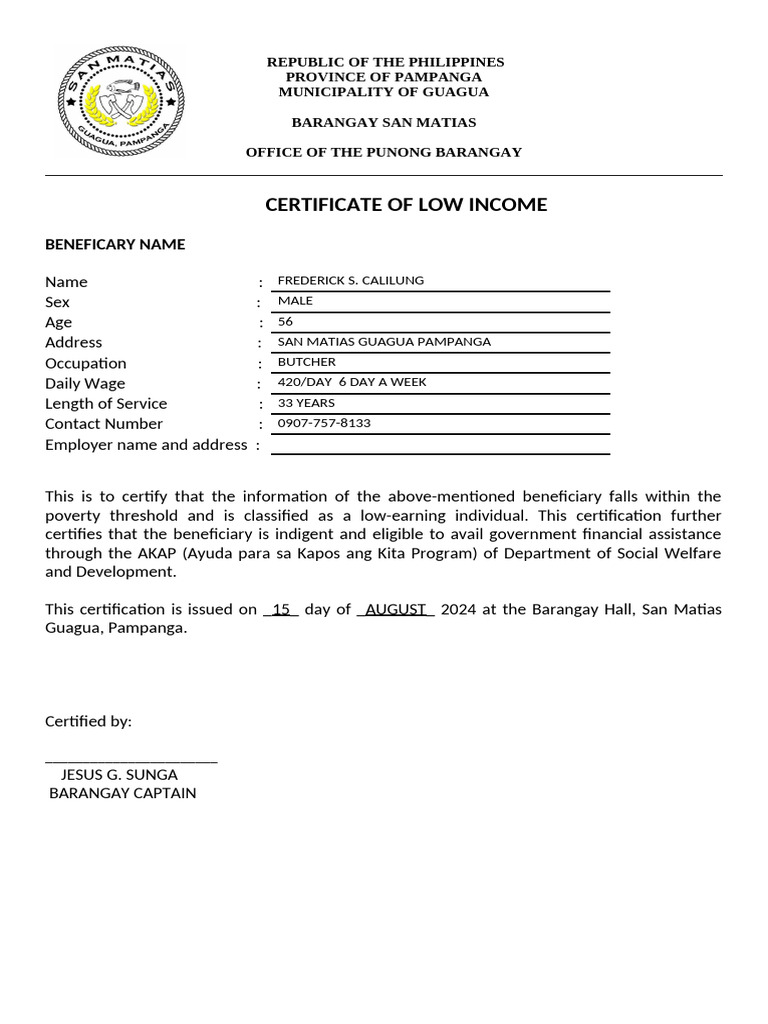 Akap 2024 Certification Low Income Frederick S. Calilung | PDF