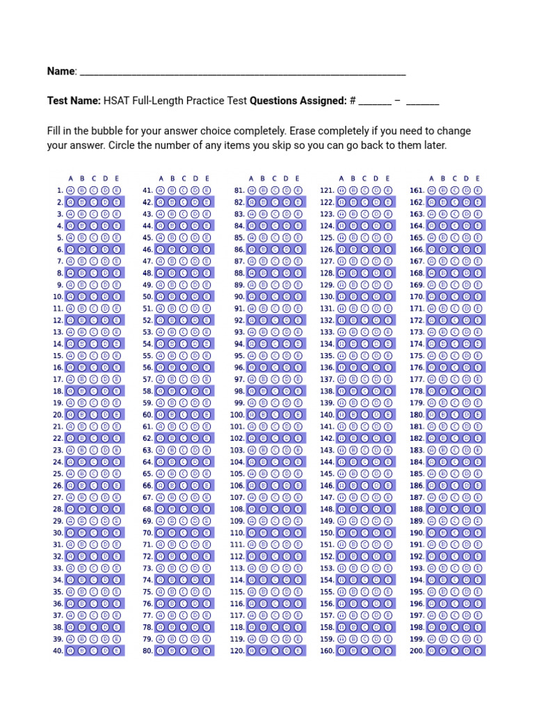 HSAT Practice Test Bubble Sheet | PDF