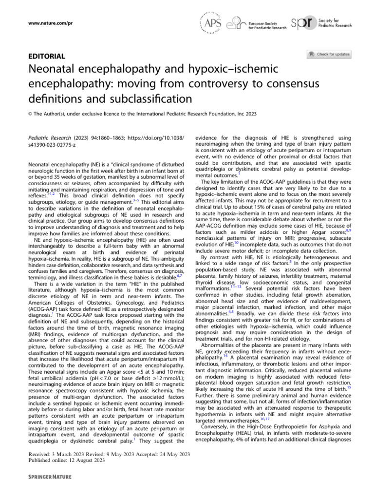 Neonatal Encephalopathy and Hypoxic–Ischemic Encephalopathy- Moving ...