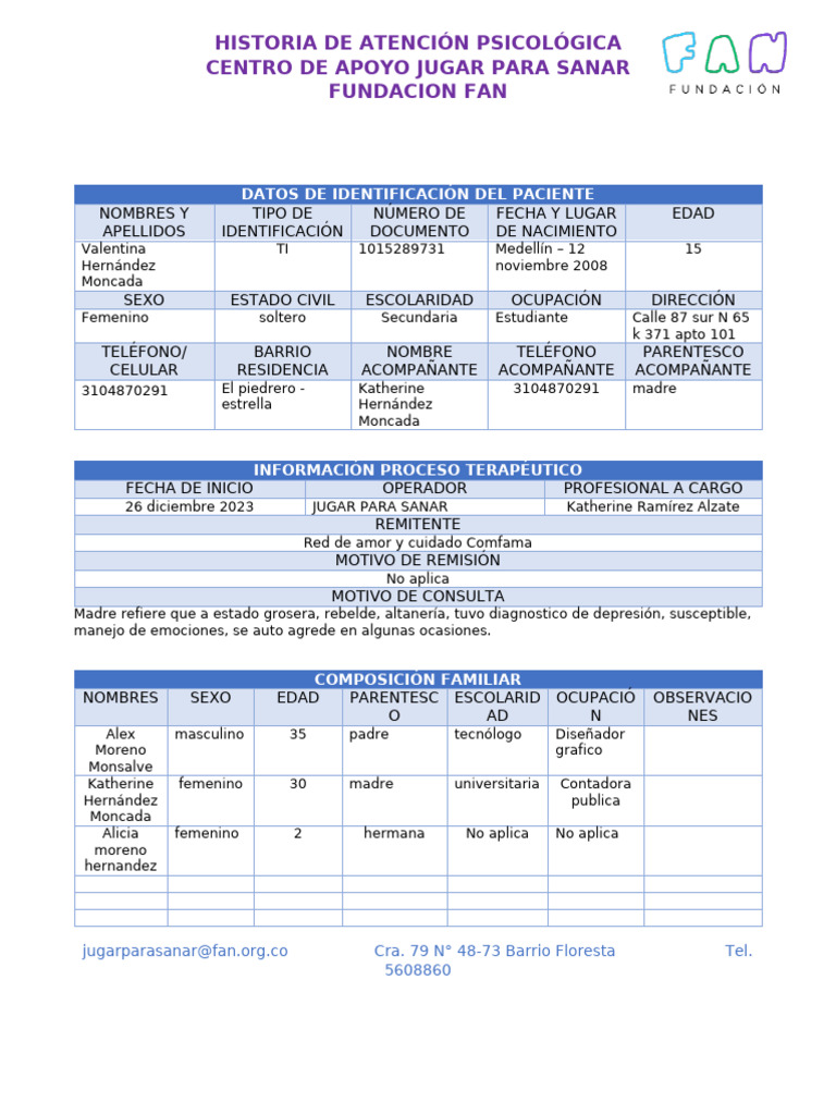 Formato Historia Atención Psicológica Ejm | PDF | Las emociones | Autoestima