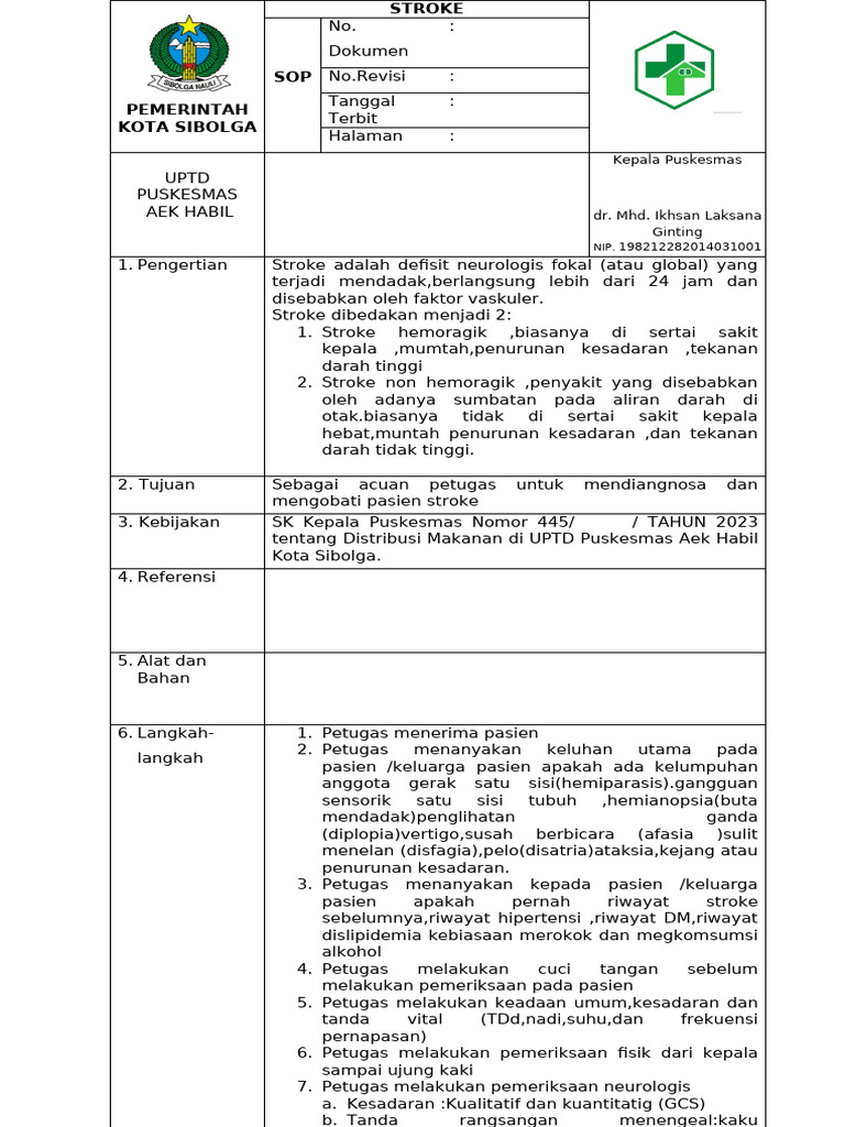 SOP Penanganan Stroke di Puskesmas Sibolga | PDF