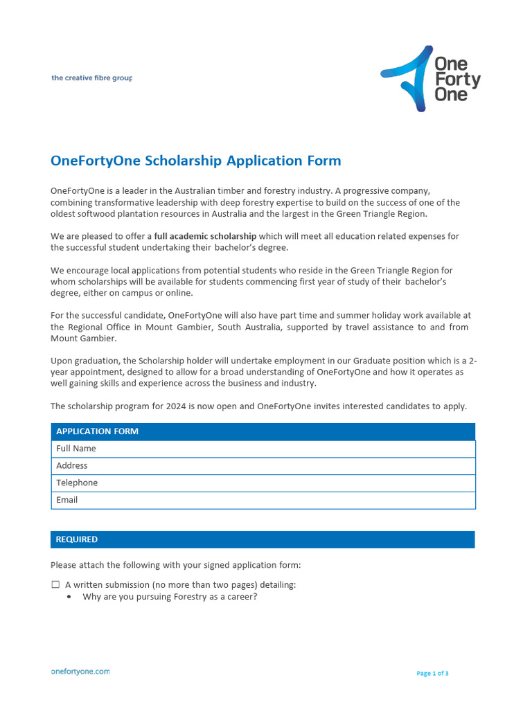 OneFortyOne Scholarship Application Form 2025 EComplete | PDF | Forestry