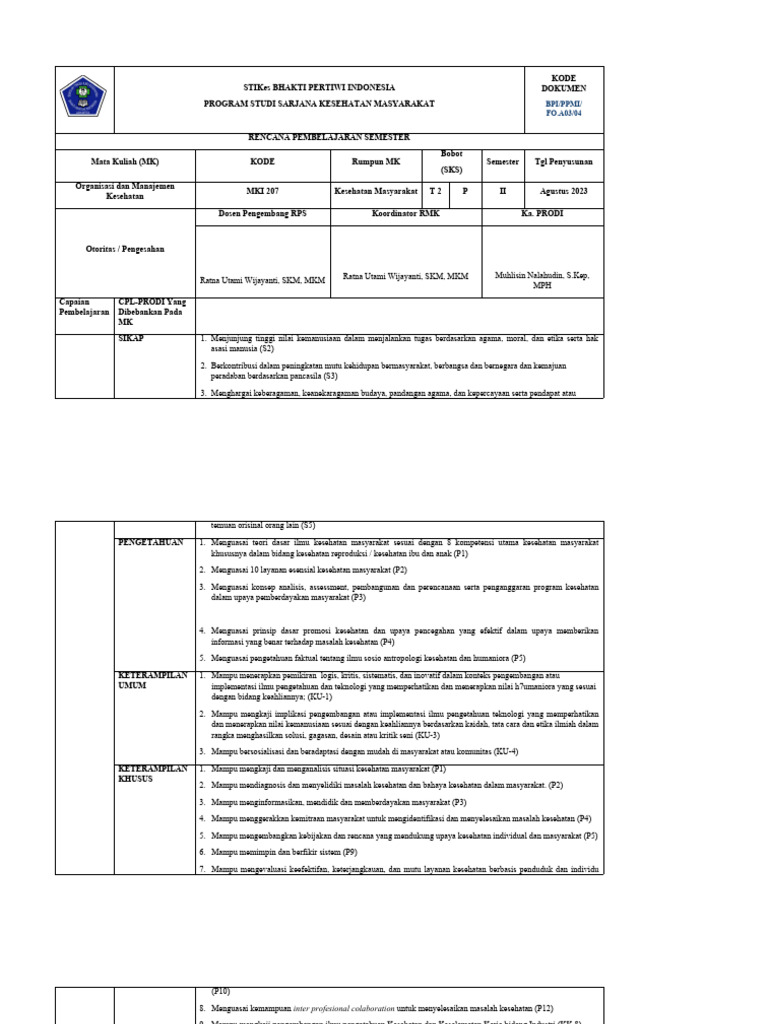 RPS MK Organisasi dan Manajemen Kesehatan 2023 | PDF