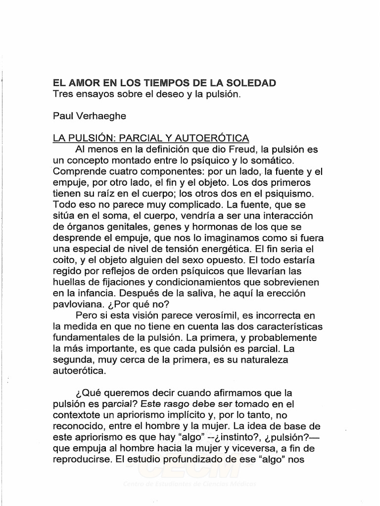 VERHAEGHE P. "La Wpulsión Parcial y Autoerótica". en El Amor en Tiempos de | PDF
