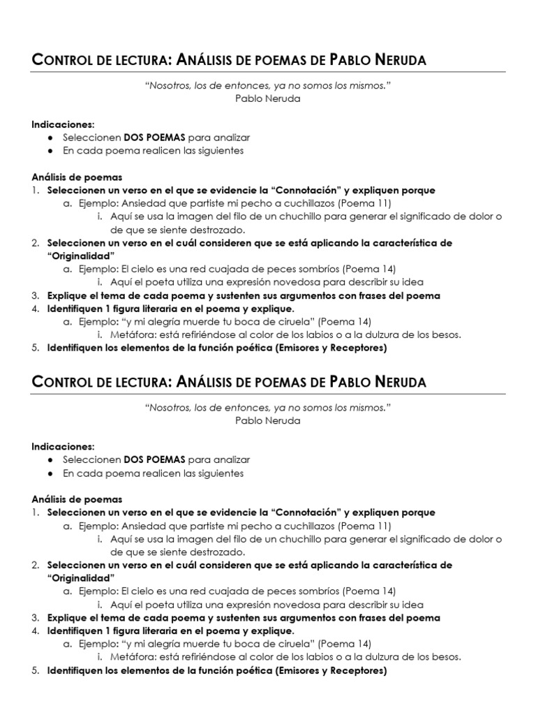 Control de lectura de 8° 20 poemas | PDF
