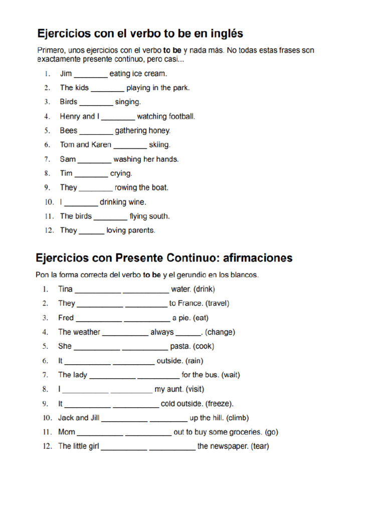 Guia de ejercicios Presente continuo | PDF