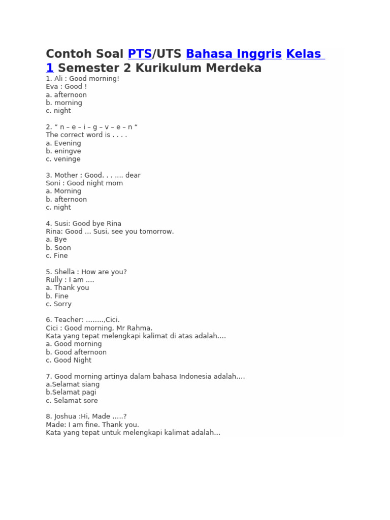 PTS/UTS English Practice for Grade 1 | PDF