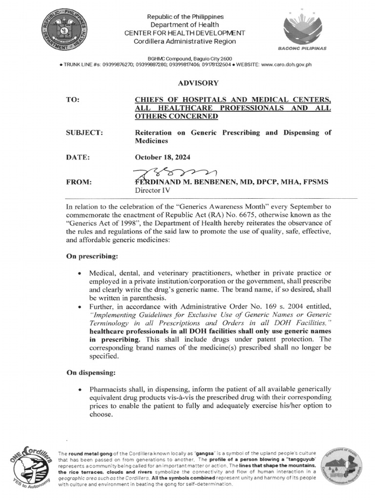 Advisory - Reiteration On Generic Prescribing and Dispensing of ...