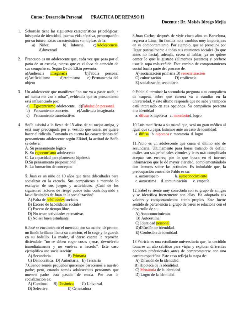 PRACTICA REPASO II (1) | PDF | Autoestima | Socialización