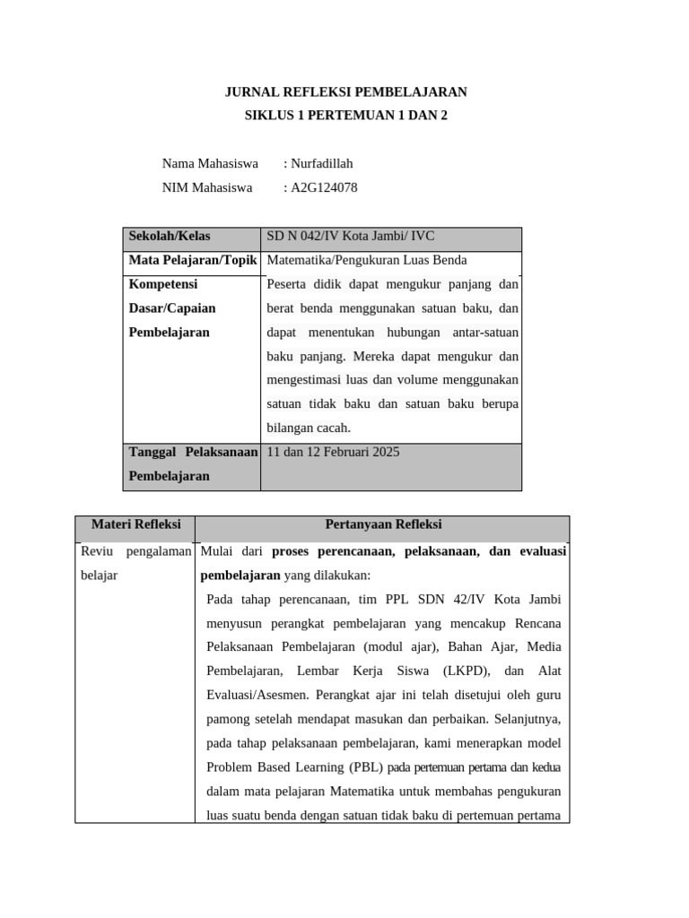 LK-5 Jurnal Refleksi Pembelajaran-Siklus1_PPM | PDF