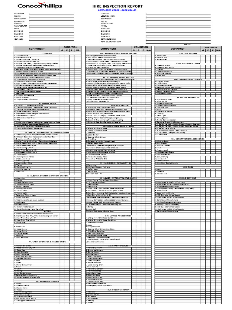Pre Hire Inspection Checklist (Rev04-10-09) 01 | PDF | Loader ...