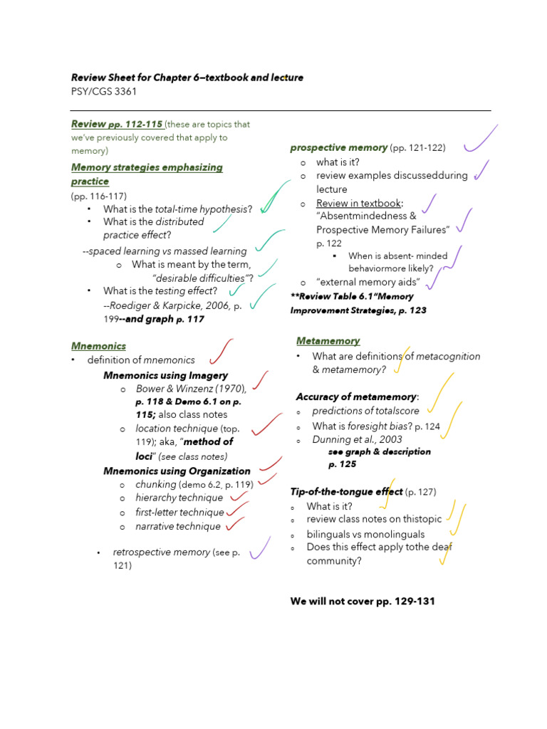 Review Sheet For Chapter 6 Corrected | PDF | Behavioural Sciences | Brain