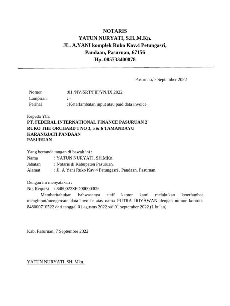 Surat Keterlamabatan Invoice FIF | PDF