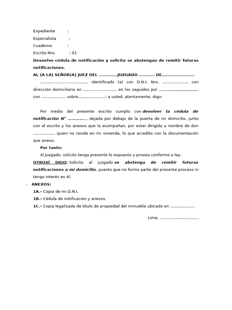 Modelo de Escrito Judicial de Devolucion de Cedula de Notificacion | PDF