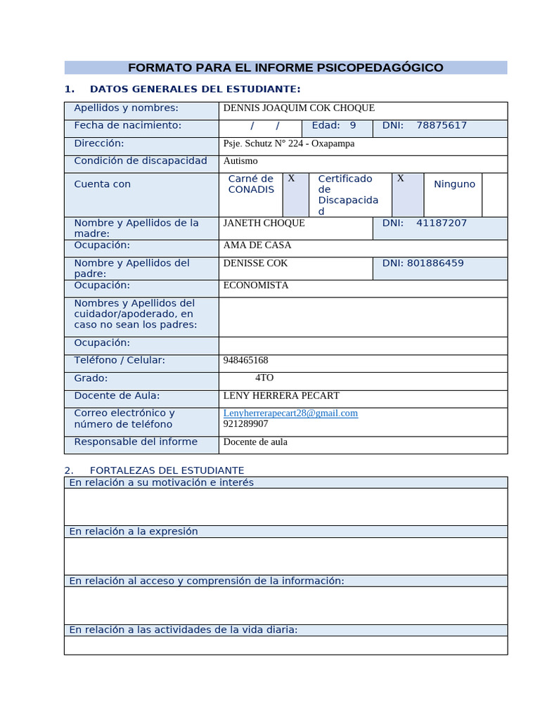 04 FORMATO DEL INFORME PSICOPEDAGÓGICO ok | PDF | Aprendizaje