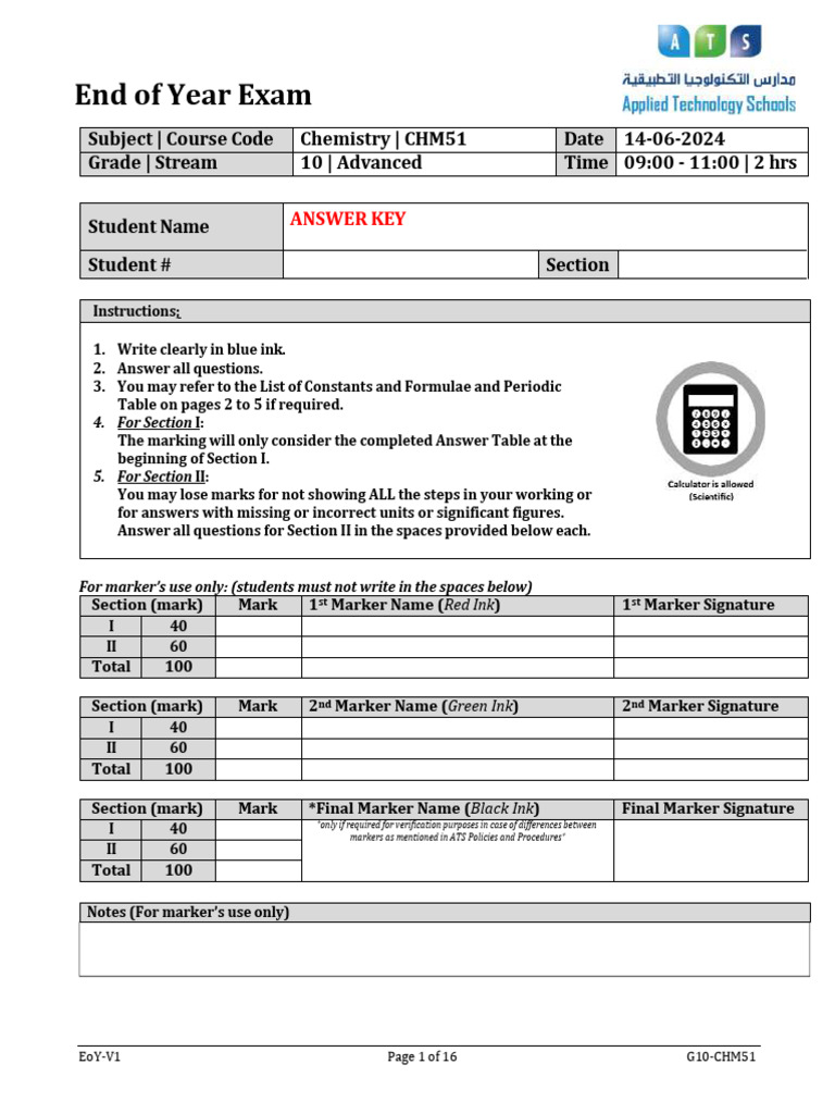 2024 Exam Paper Eoy v1 Chm51 Ak | PDF | Mole (Unit) | Chemical Reactions