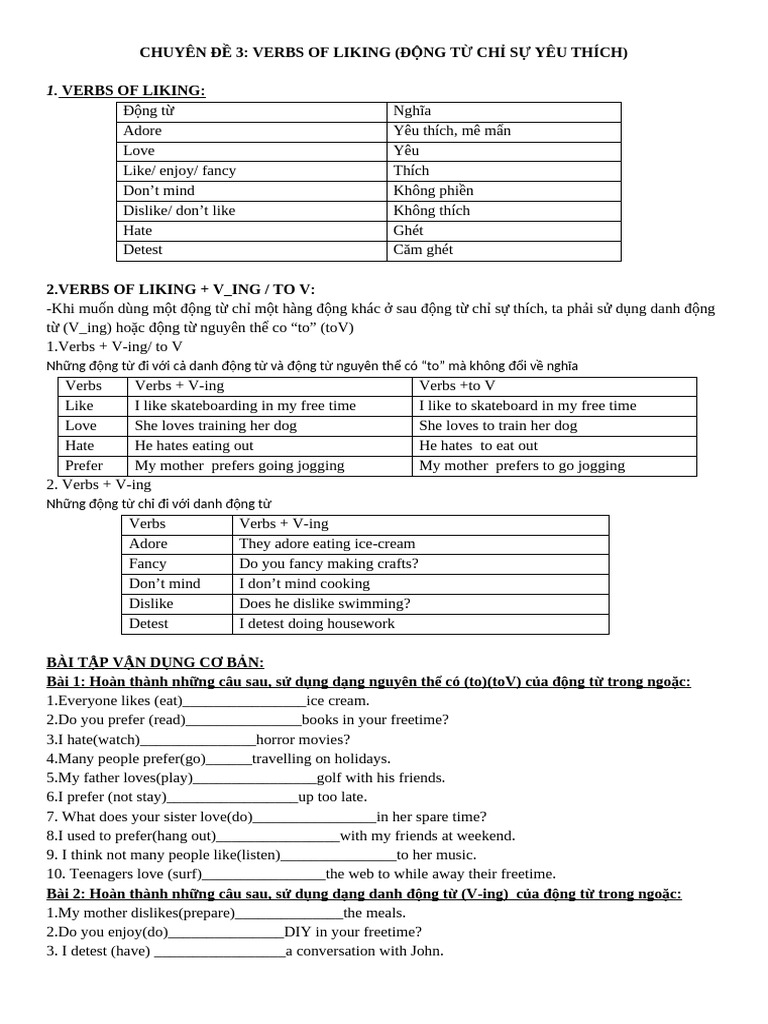 Verbs of Liking: Usage and Exercises | PDF