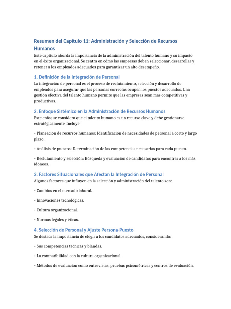 Resumen Capitulo 11 Administracion Recursos Humanos | PDF | Gestión de recursos humanos | Economias
