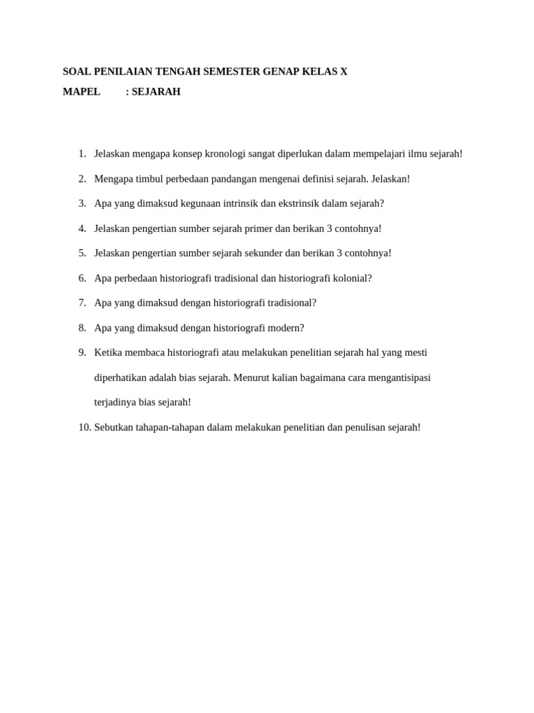 Soal Sejarah Tengah Semester Genap Kelas x Dewi Atiqoh | PDF