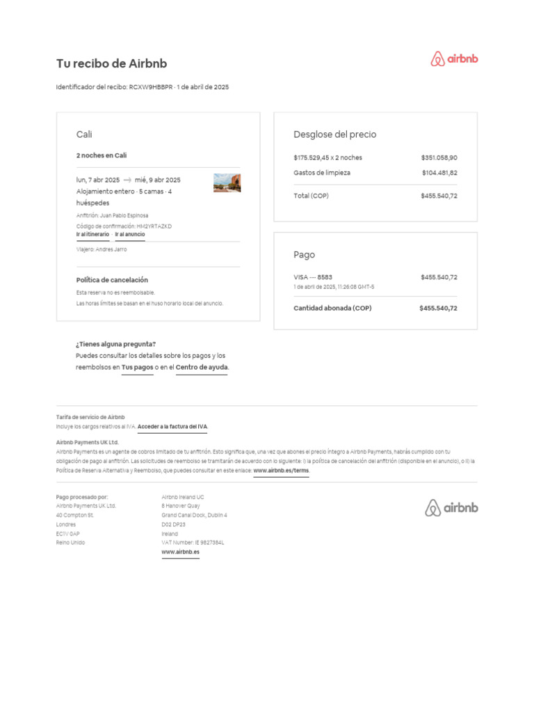 Recibo De Reserva Airbnb En Cali Pdf