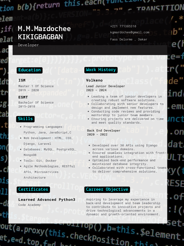 M.M.Mardochee KIKIGBAGBAN Developer CV Resume | PDF