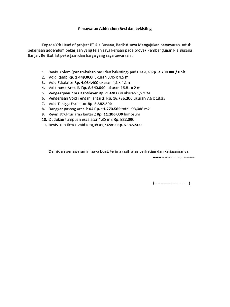 Penawaran Addendum Pekerjaan Besi dan Bekisting | PDF