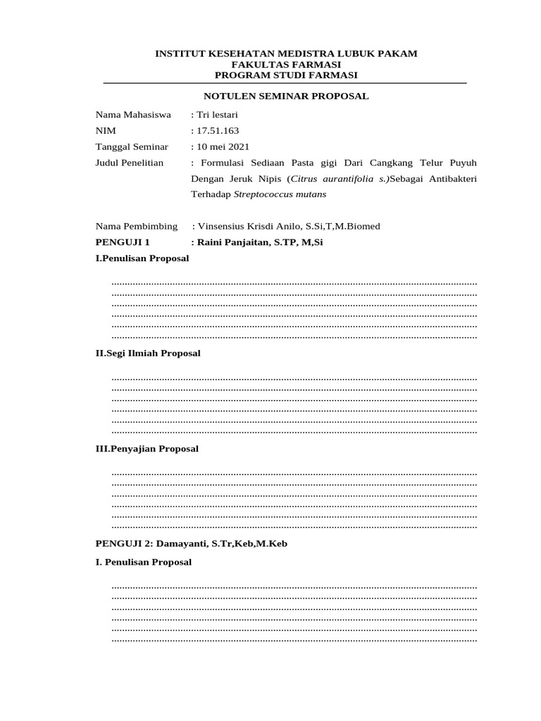 Bagi NOTULEN ACARA UJIAN SEMINAR PROPOSAL (Tri Lestari) | PDF