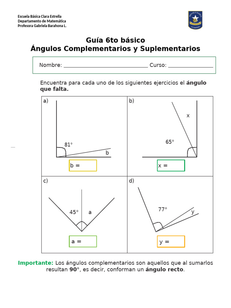 guia angulos complementarios y suplementarios 6to | PDF