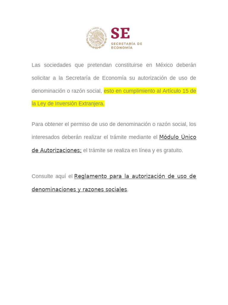 Solicitud de permiso de uso de denominación o razón social ante la Secretaría de Economía | PDF