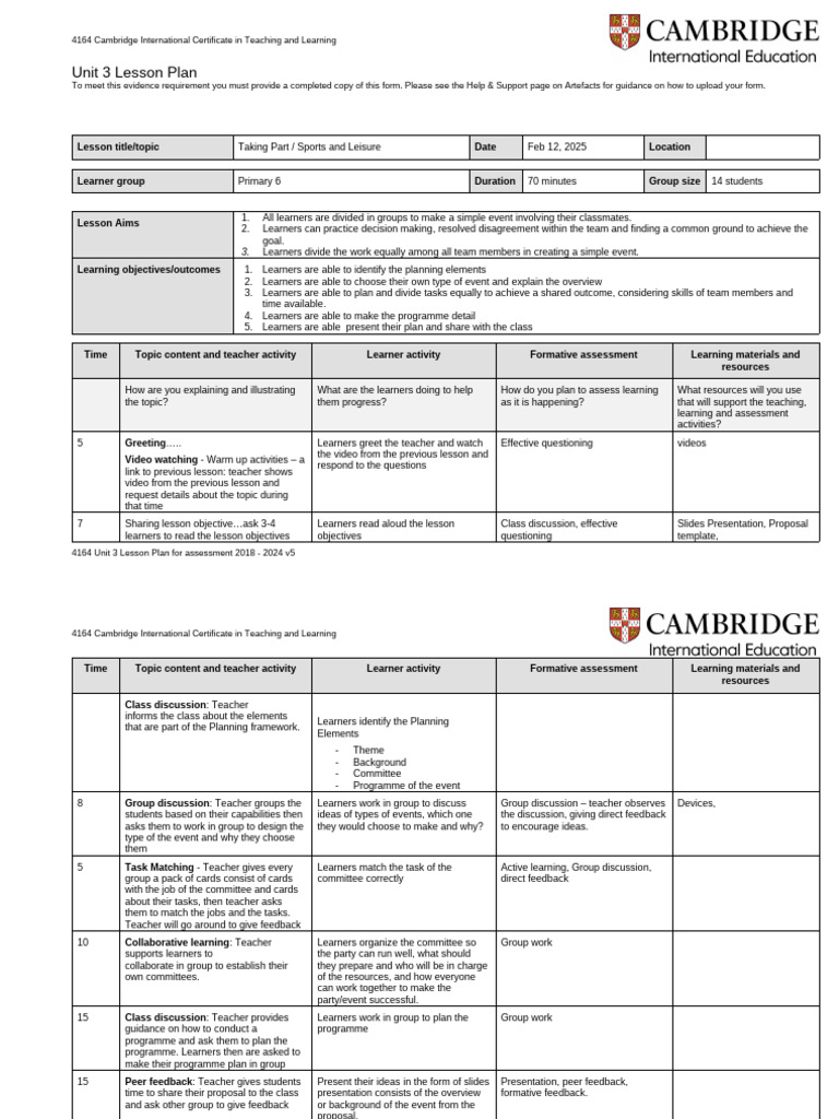 Module 1 Unit 3 Lesson Plan - Taking Part - Yobelina | PDF | Lesson ...