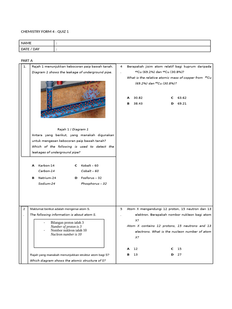 Chemistry Form 4 Quiz: Atomic Concepts | PDF | Mole (Unit) | Gases