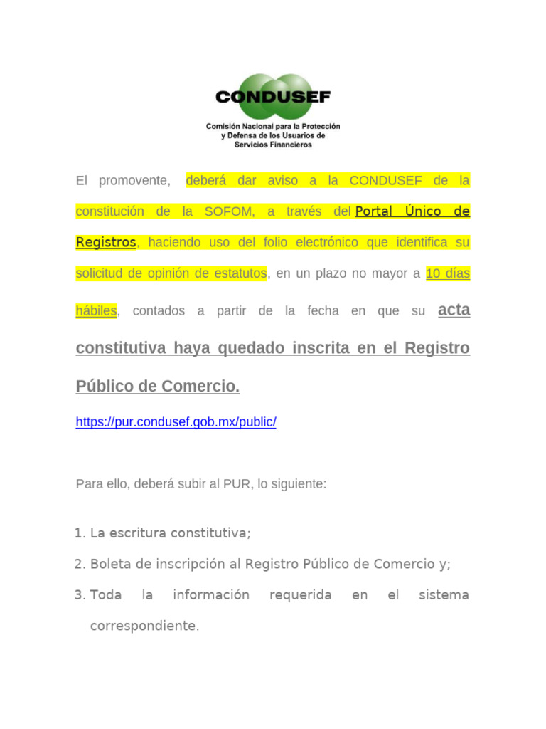 Aviso de Constitución SOFOM a CONDUSEF | PDF