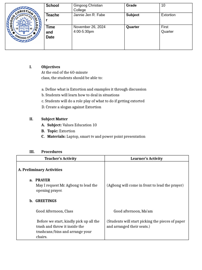 ESP Lesson Plan Grade 10 | PDF | Extortion | Bullying