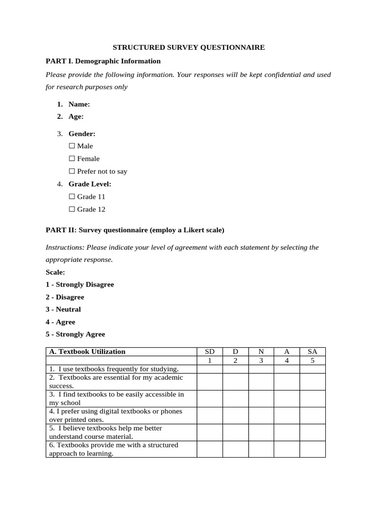 Survey-Questionnaire Sample in Research | PDF | Textbook | Behavior ...