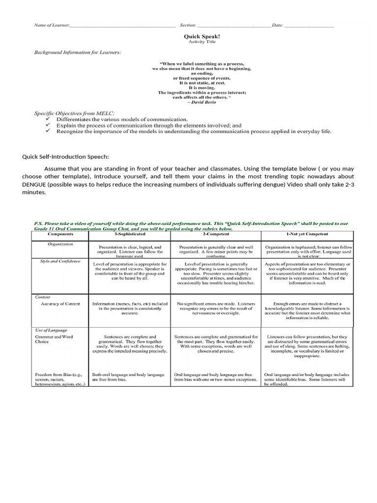 Oral Communication Performance Task | PDF