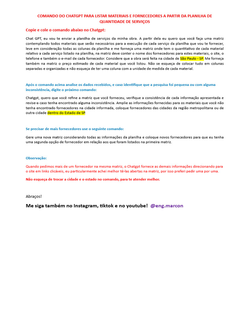 Comando Do Chatgpt para Listar Materiais e Fornecedores A Partir Da Planilha de Quantidade de ...