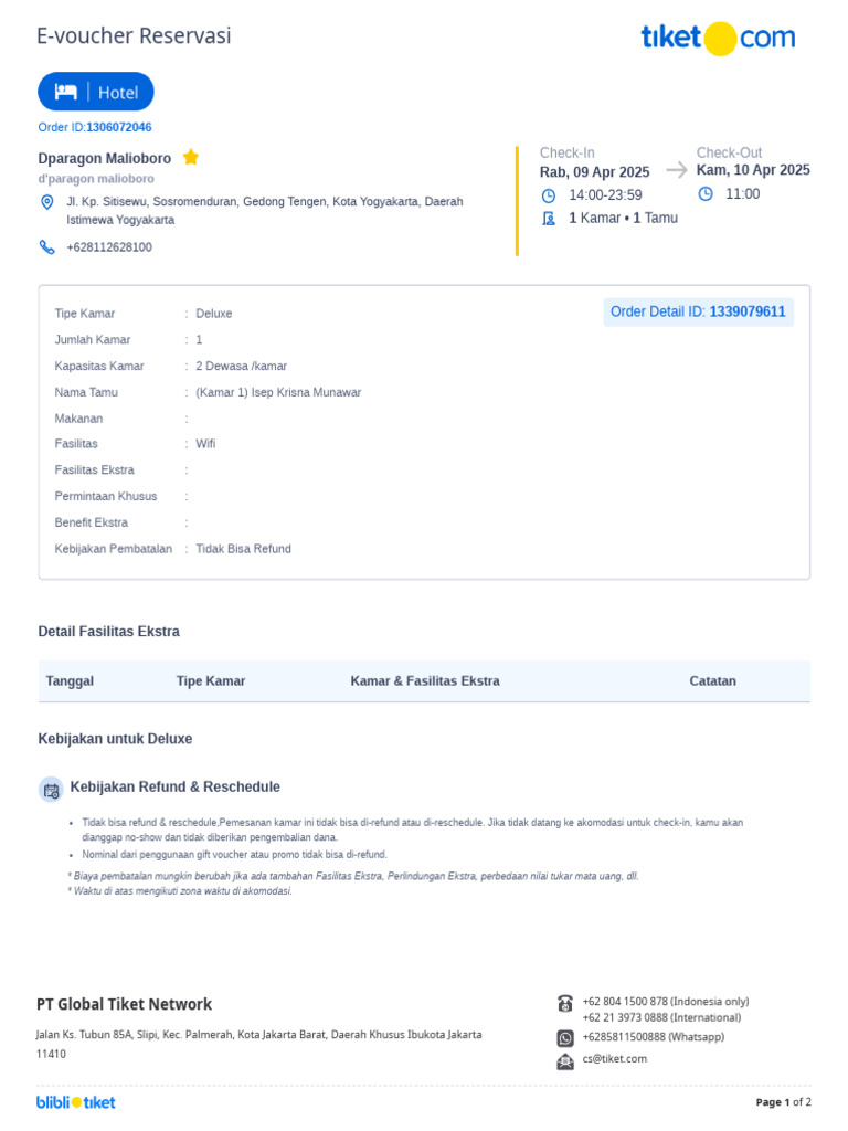 Hotel E-Voucher - Order ID 1306072046 | PDF