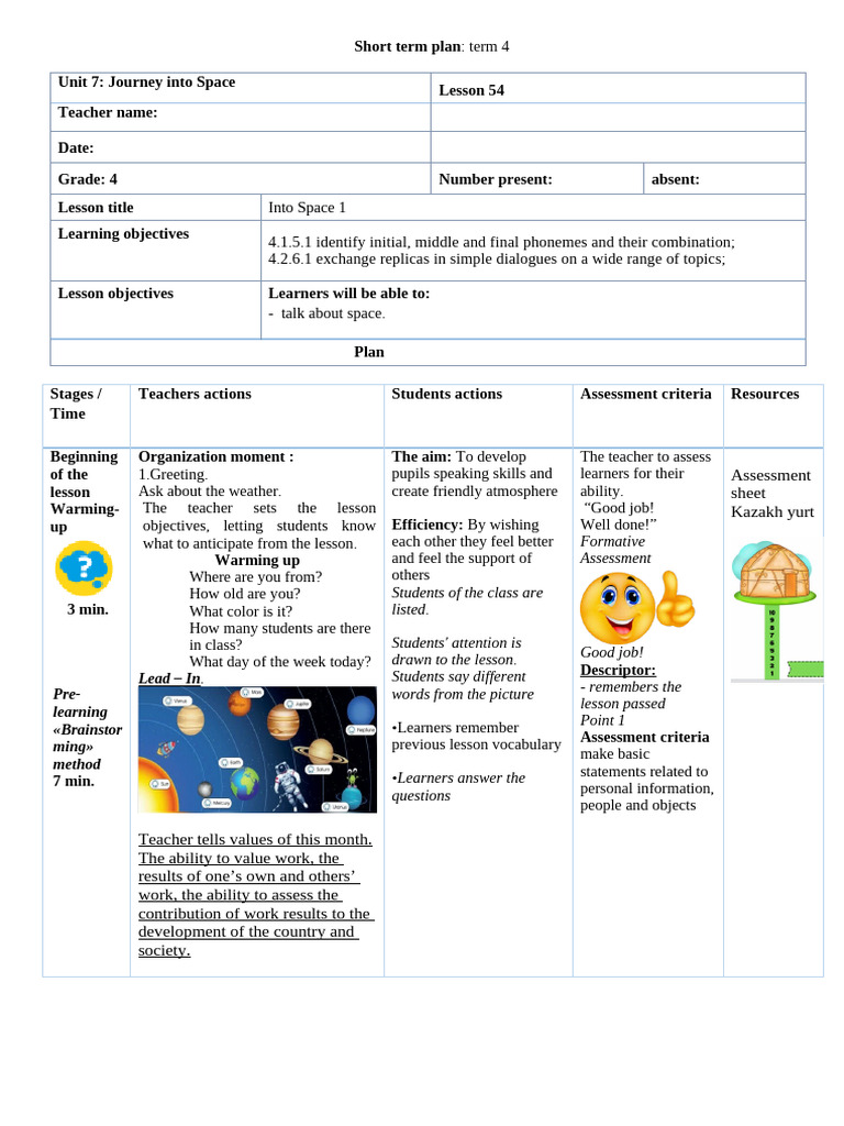 Grade 4 Space Lesson Plans | PDF | Learning | Human Communication