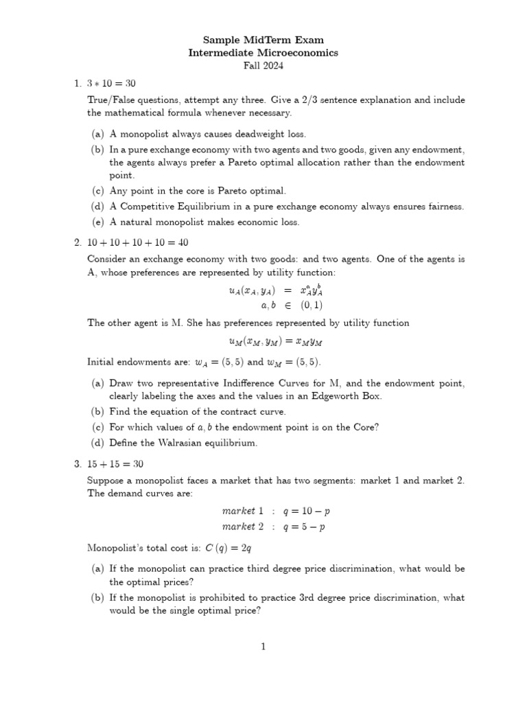 Midterm Exam: Intermediate Microeconomics | PDF