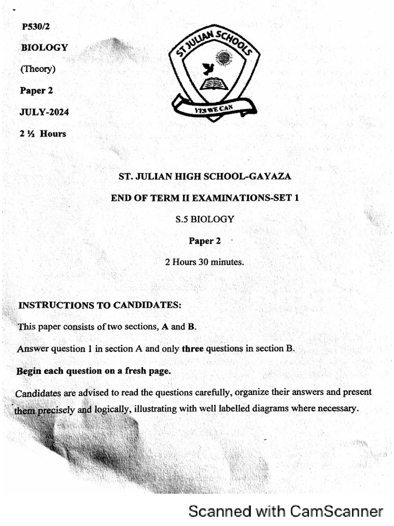 s5 Bio2 Exam Eot-2 Set 1 | PDF