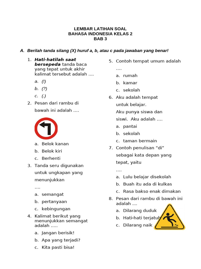 Bahasa Indonesia Kelas 2 - Latihan Soal Bab 3 | PDF