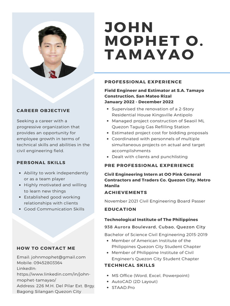 Engr. John Mophet O. Tamayao_Resume_Civil Engineer | PDF | Engineering