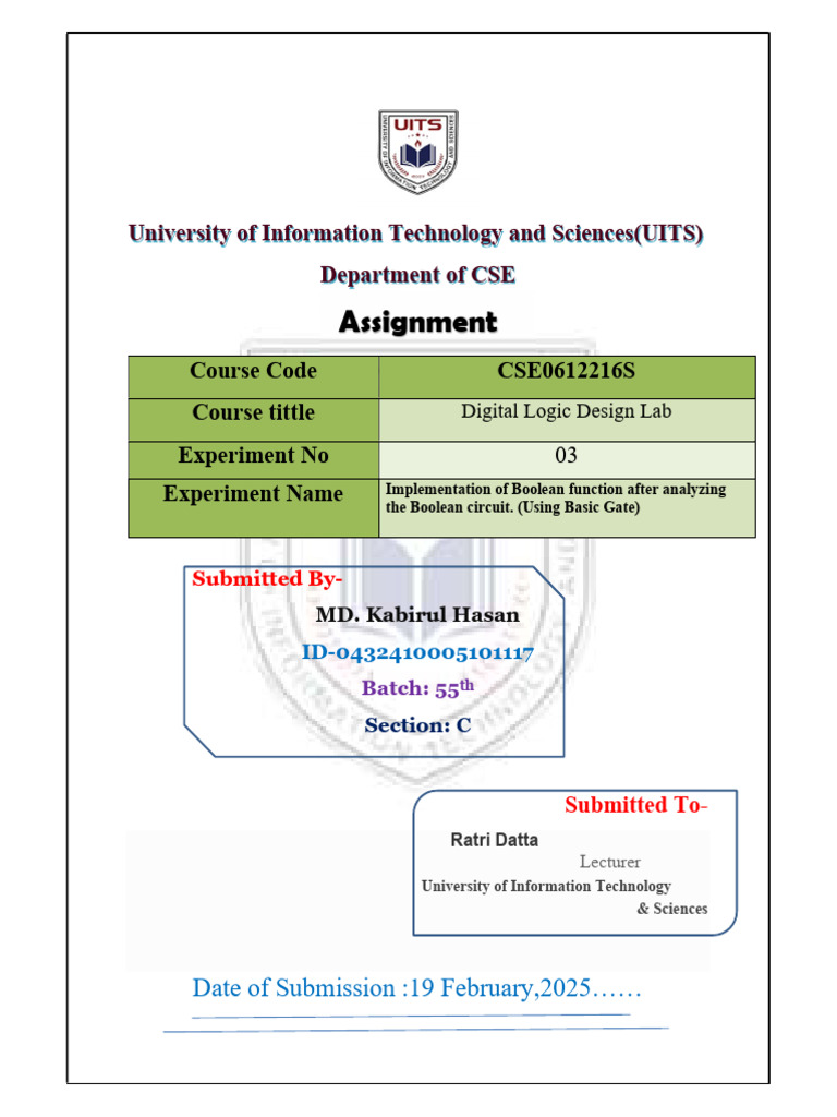 DLD Lab Exp-03 Kabirul 117 | PDF | Logic Gate | Boolean Algebra