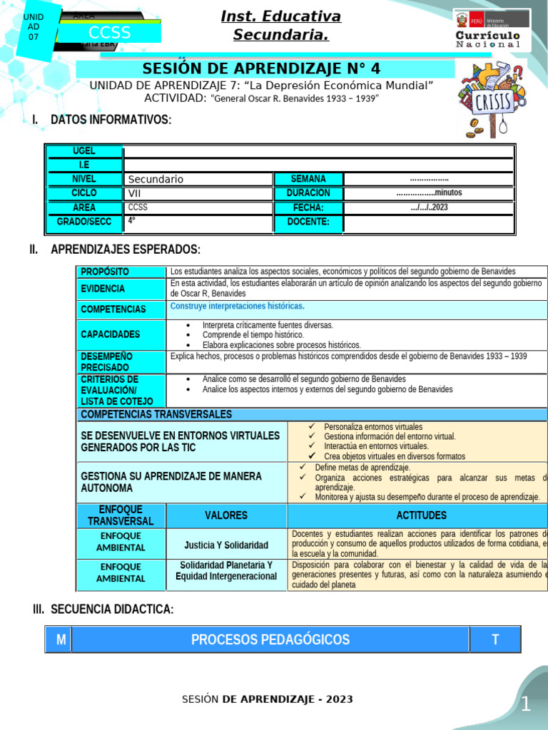 Sesion CCSS 4° Sec-Semana 04 Uni 7 | PDF | Maestros | Aprendizaje