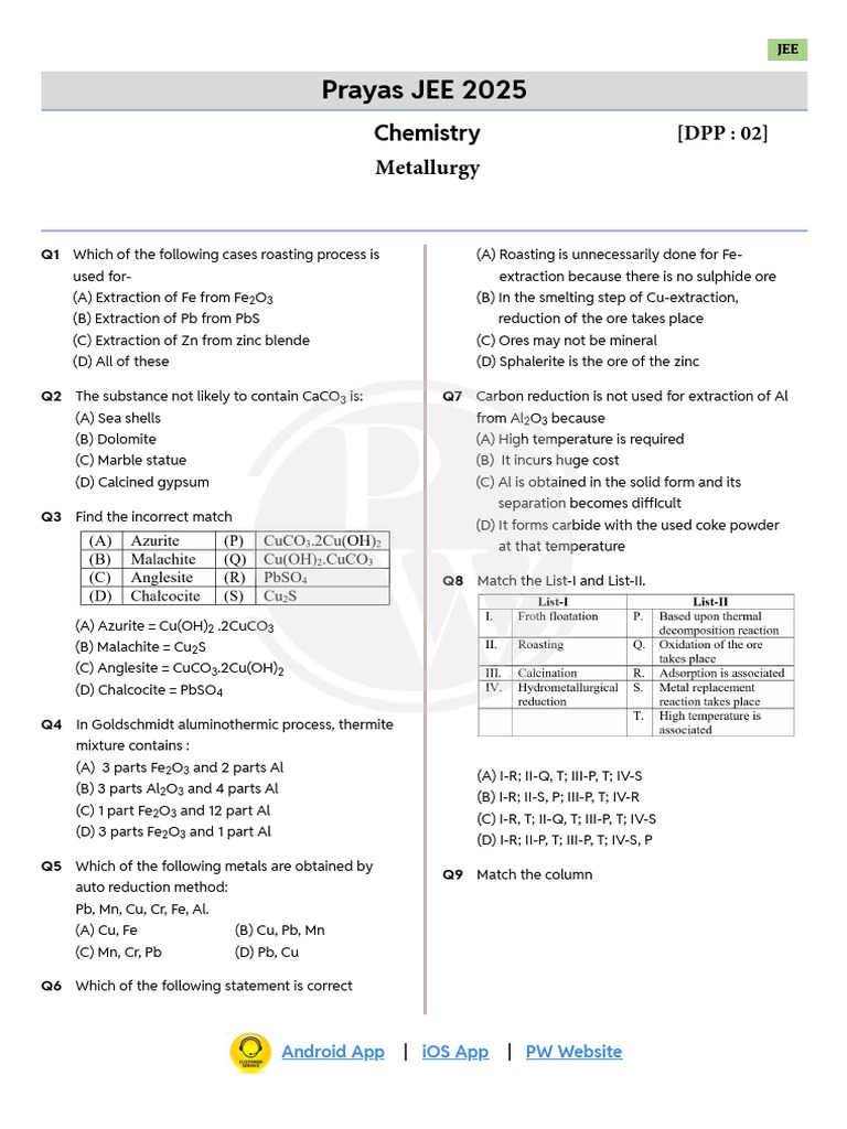 Metallurgy - DPP 02 (Of Lec 03) - Prayas JEE 2025 | PDF | Ore | Materials
