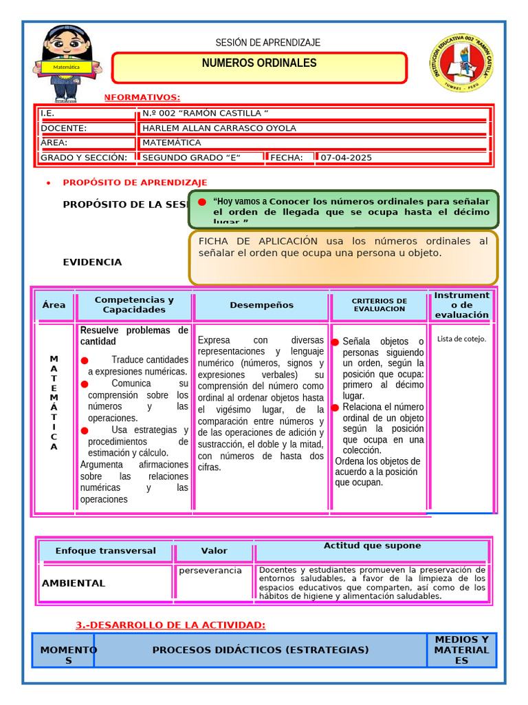 01 Sesion Mtca Numeros Ordinales | PDF | Evaluación | Aprendizaje