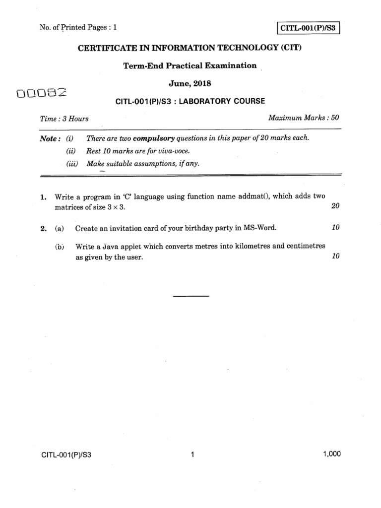 CIT Practical Exam: C & Java Programming | PDF