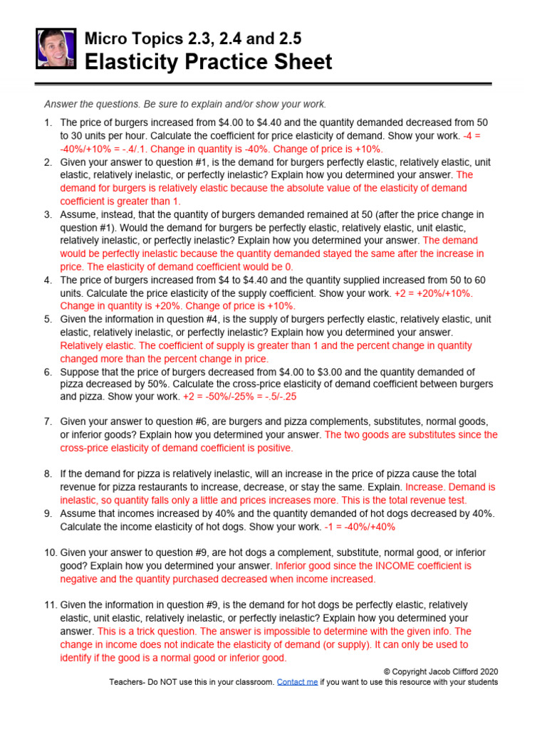 Elasticity Practice Sheet Answers | PDF | Elasticity (Economics) | Demand