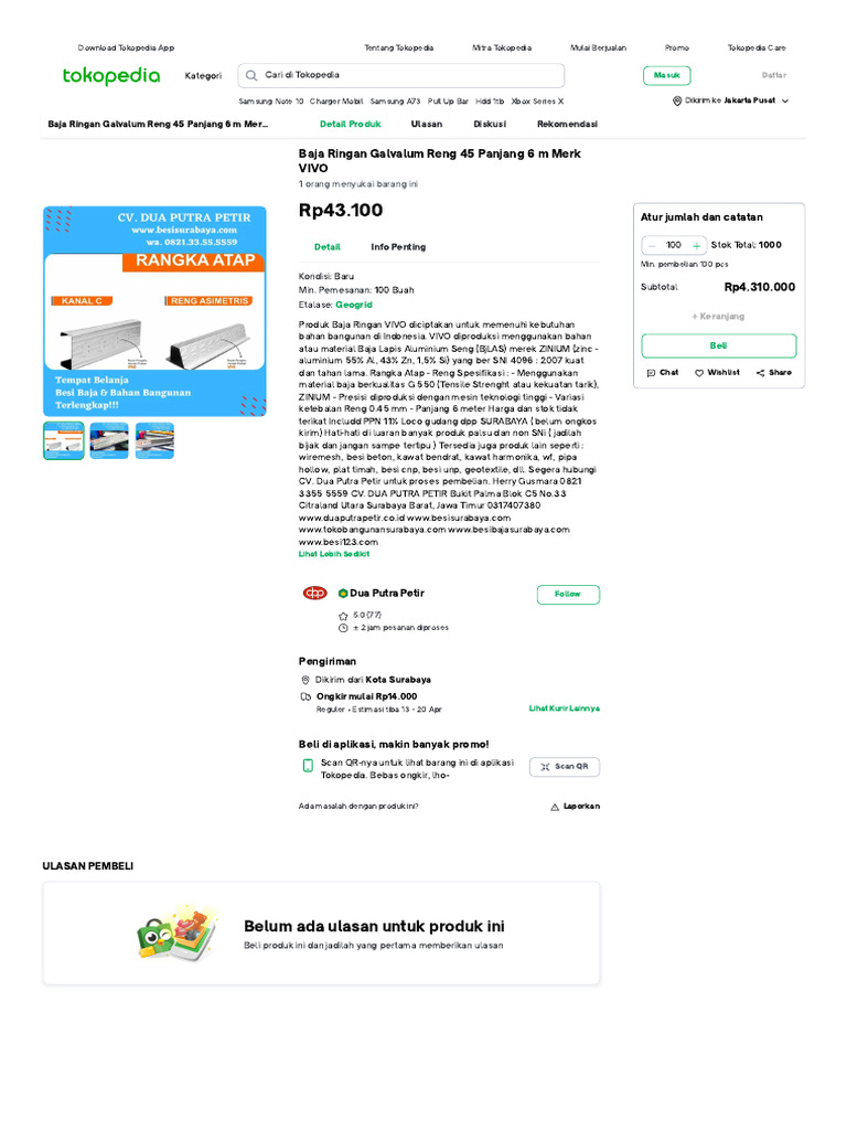 Jual Baja Ringan Galvalum Reng 45 Panjang 6 M Merk VIVO - Kota Surabaya ...